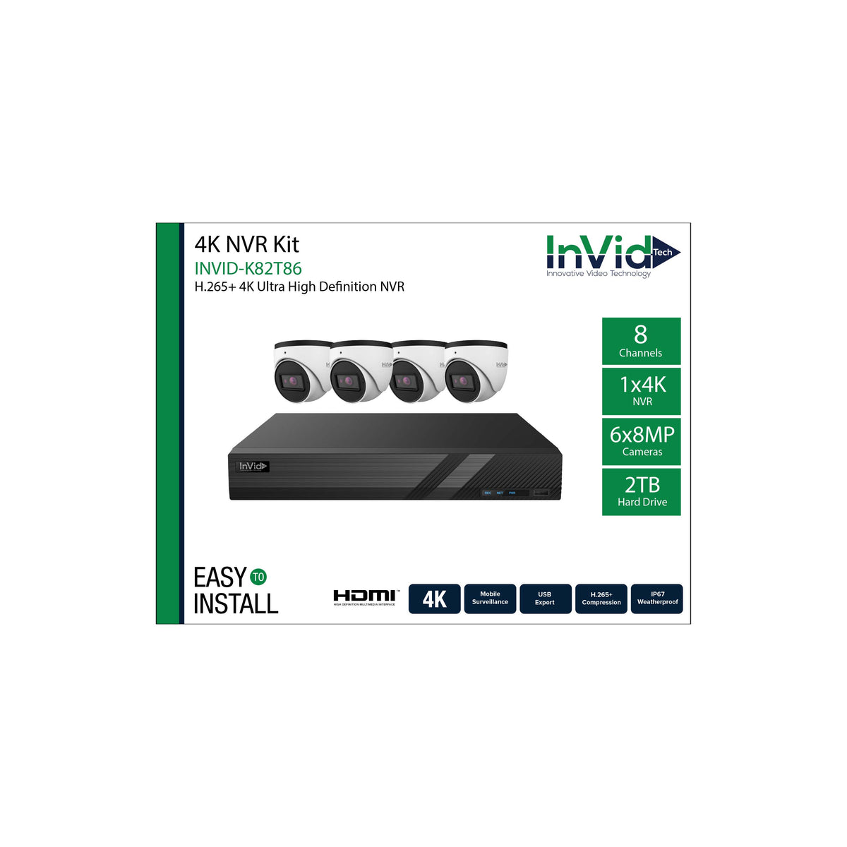 INVID-K82T86: 8 Channel NVR with 2 TB + (6) 8-Megapixel Cameras — Invidtech